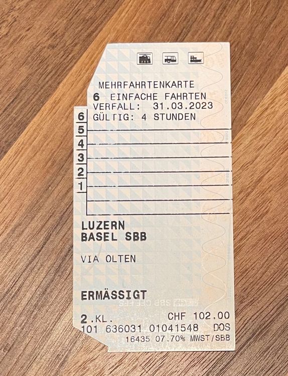 SBB Mehrfahrtenkarte Basel / Luzern, Wert CHF 102.—Ermässigt | Acheter ...