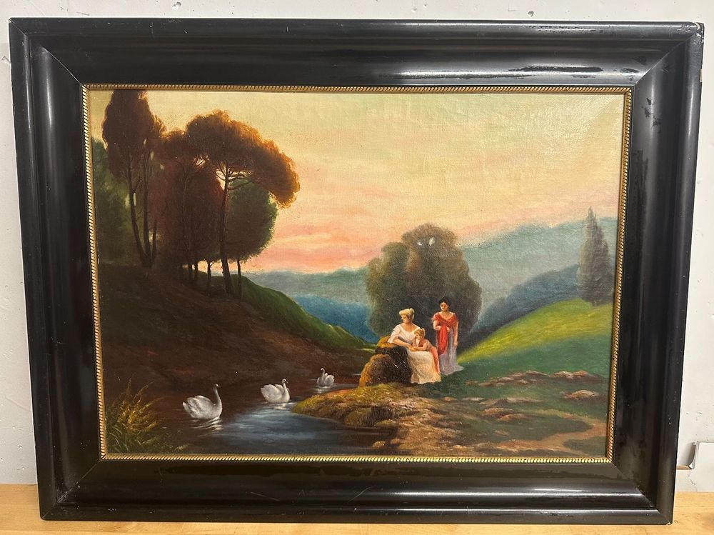 Ölgemälde A. Senn Szene am Flussufer mit Schwänen | Kaufen auf Ricardo