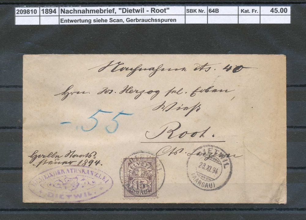 1894 Ziffermuster - 15 Rp., SBK Nr. 64B, Nachnahme (Gebraucht) in Winterthur für CHF 7.5 – mit ...