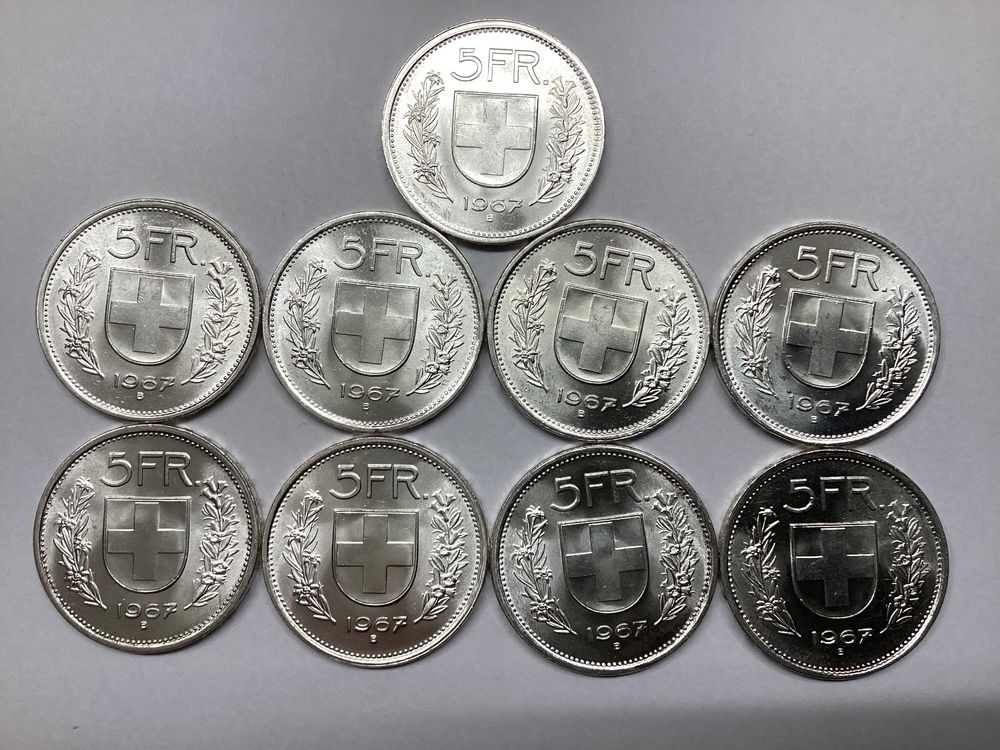 9 x 5 Franken Silbermünzen 1967 sehr guter Zustand (Gebraucht) in Eschen für CHF 99 – mit ...