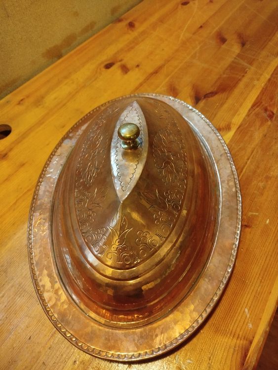 Antike Kupfer Servierplatte mit Deckel, oval, graviert (Neu (gemäss ...