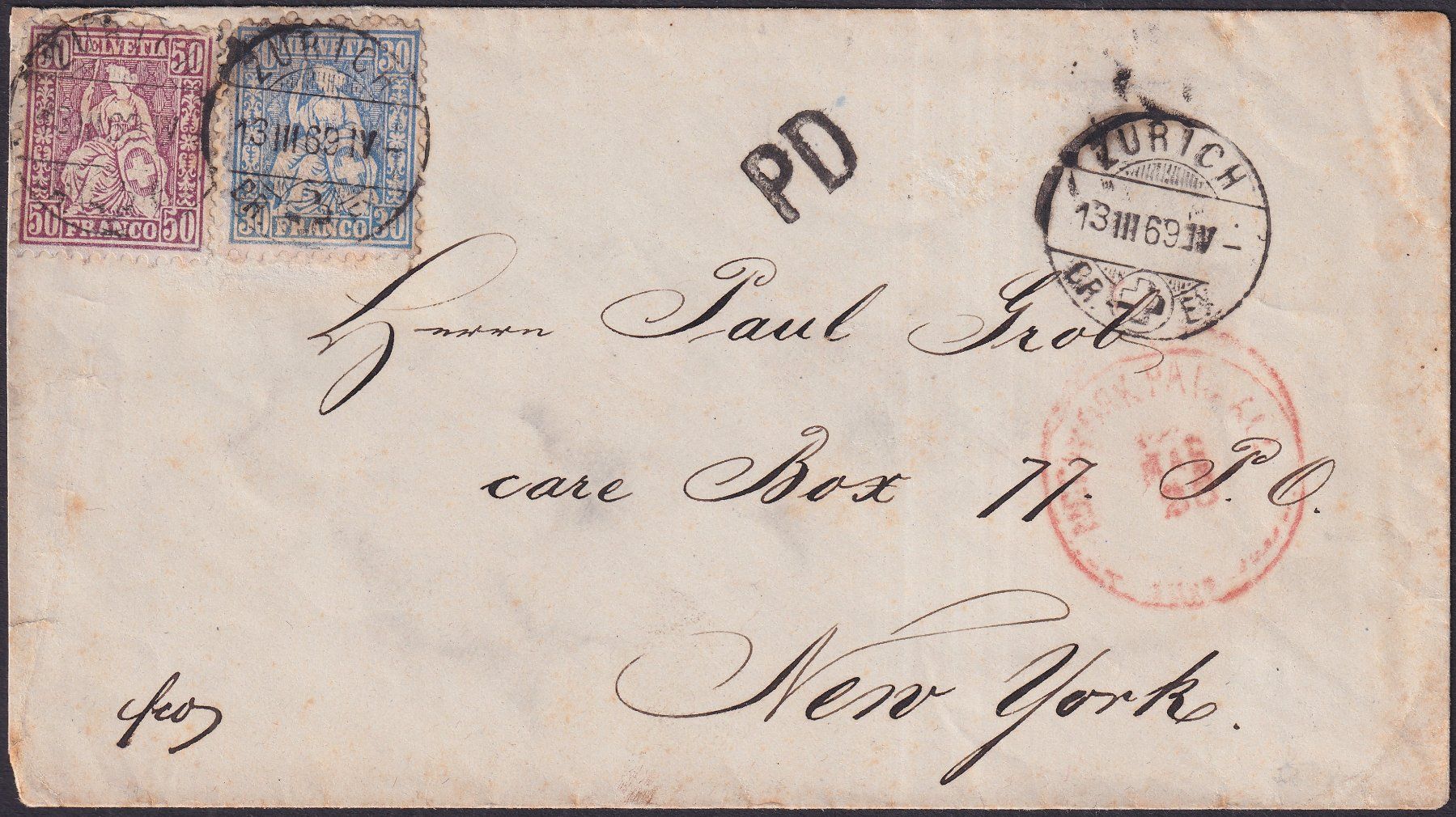 1869, Nr.43+41 auf Brief von ZÜRICH, n. NEW YORK, Kat: 400.- (Gebraucht ...