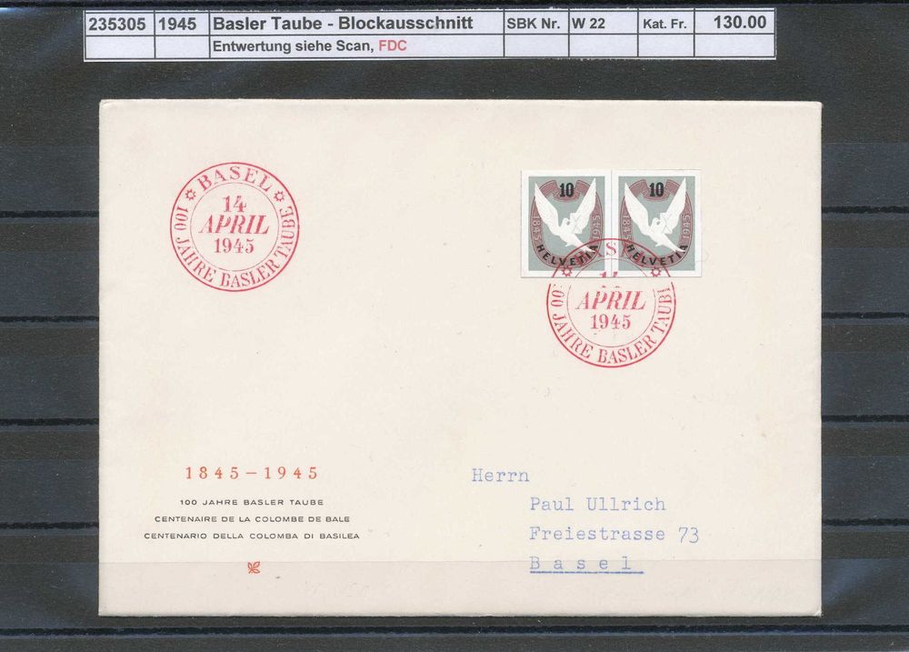 1945 Basler Taube - Blockausschnitt, FDC (Gebraucht) in Winterthur für CHF 32.5 – mit Lieferung ...