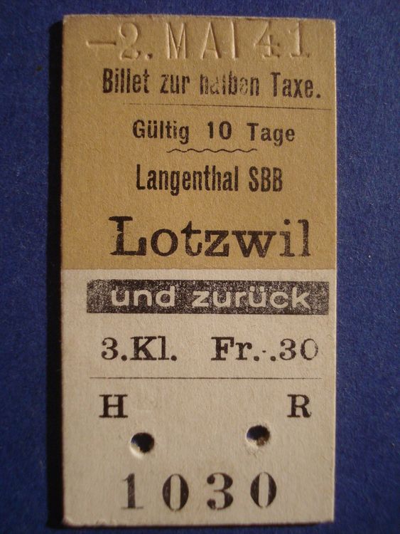 SBB - 2.5.1941 - LANGENTHAL SBB - LOTZWIL - 3.Klasse (Gebraucht) in Biel/Bienne für CHF 22 – mit ...