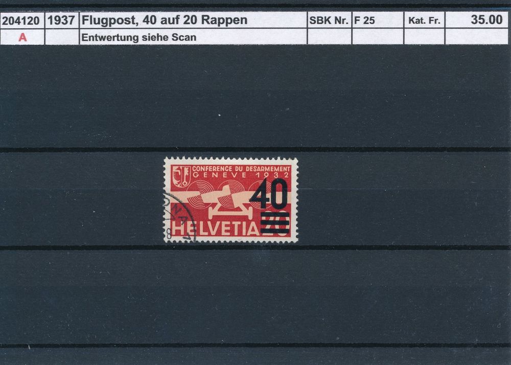 1937 Flugpost, Aufbrauchsausgabe 40 auf 20 Rp., (Gebraucht) in Winterthur für CHF 5.2 – mit ...