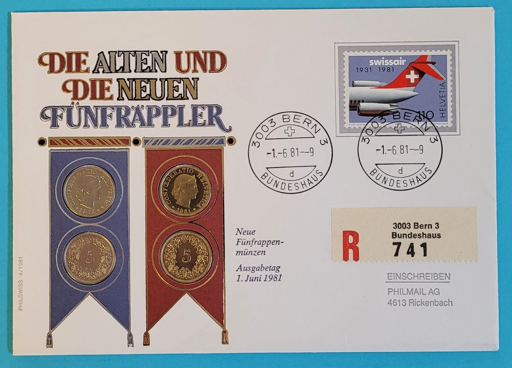 Münzbrief DIE ALTEN U. NEUEN FÜNFRÄPPLER 1981 (Gebraucht) in Oberriet SG für CHF 4 – mit ...