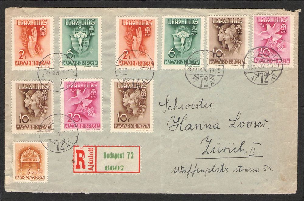 Magyar Posta ,Budapest - Zürich,19.11.1939 ,2 x kompl. Satz! (Gebraucht ...