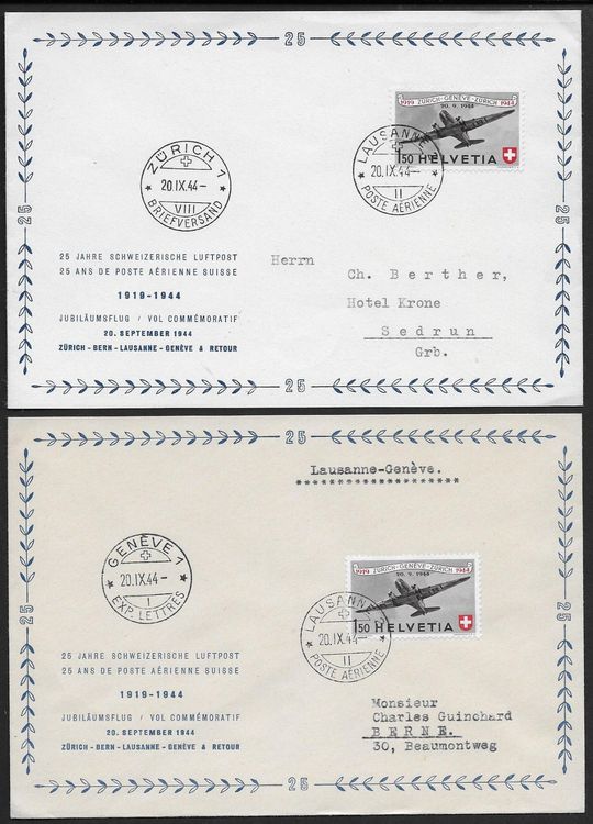 1944 Jubil. Flug zwei Briefe F40 +Etappen verschieden ab 1.- (Gebraucht) in Zürich für CHF 7 ...