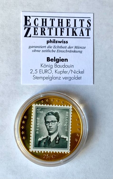 1 Gedenkmünze König Baudouin, 2.5 Euro, vergoldet (Neu (gemäss Beschreibung)) in Biel/Bienne für ...