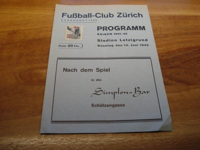 FCZ Programm Saison 1941/42, Stadion Letzigrund, 14 Juni1942 (Gebraucht ...