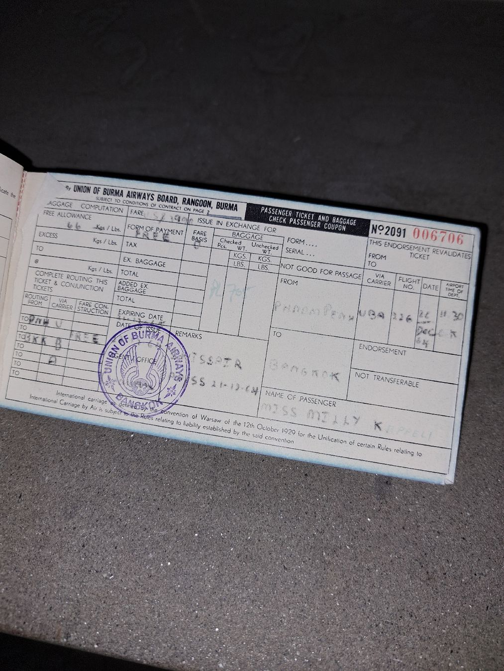 Union of Burma Airways Ticket, Rarität aus den 1960er! (Gebraucht) in ...
