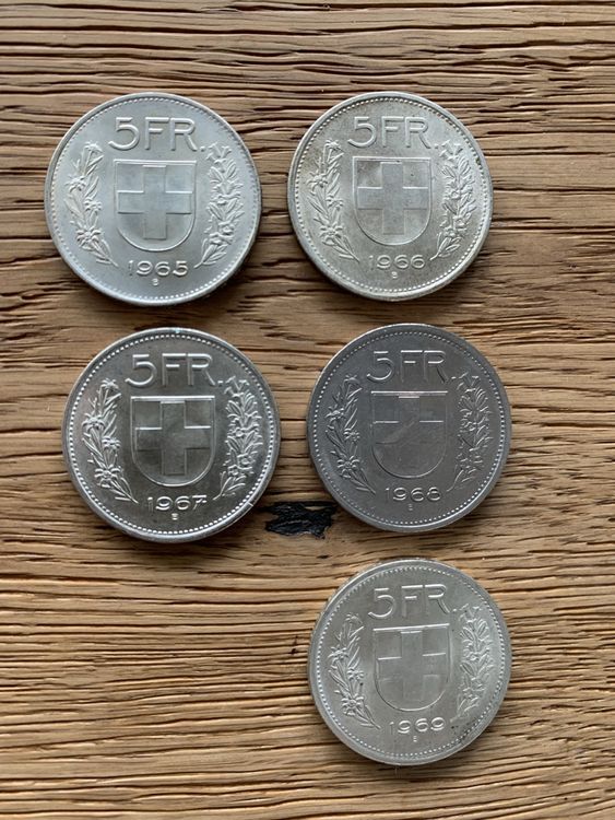 CHF 5 Münzen 1965, 66, 67, 68, 69 (a) (Gebraucht) in Zug für CHF 60 – mit Lieferung auf Ricardo ...