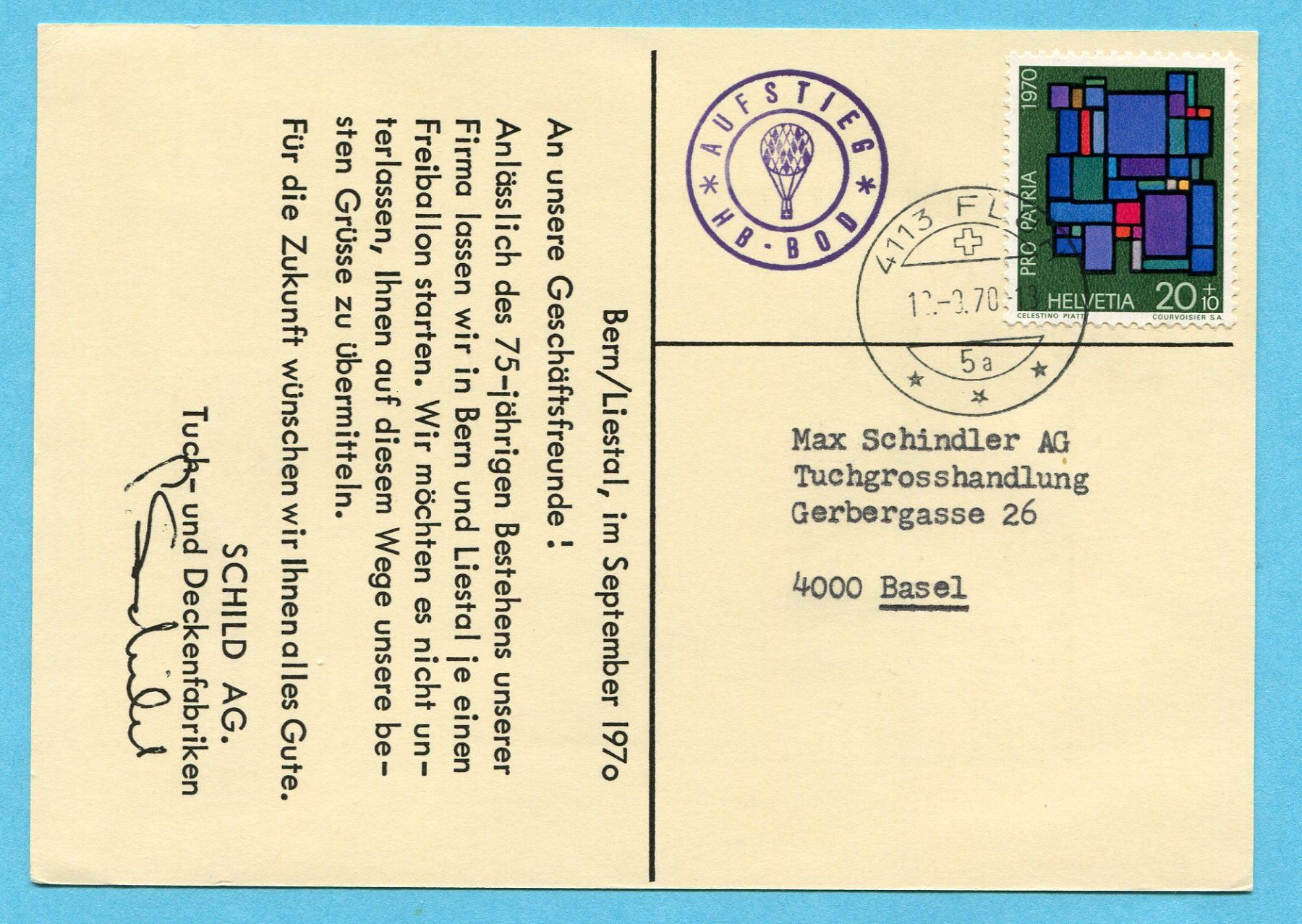 Ballonkarte 1970, gestempelt Flüh - 75 Jahre Schild AG (Gebraucht) in ...