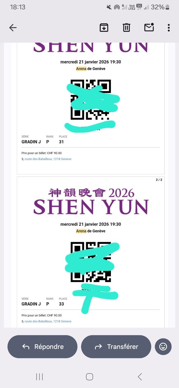 2 billets SHEN YUN – Arena de Genève – 21 janvier 2026 (D'occasion) à ...