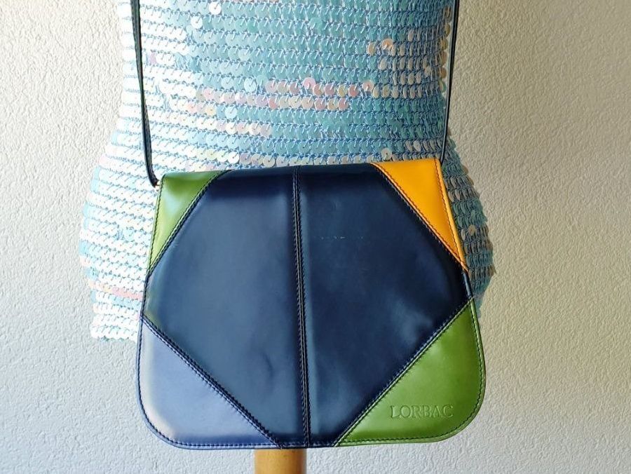 TASCHE LEDER LORBAC BLAU GRÜN GELB BAG KALBSLEDER CLUTCH (Gebraucht) in ...