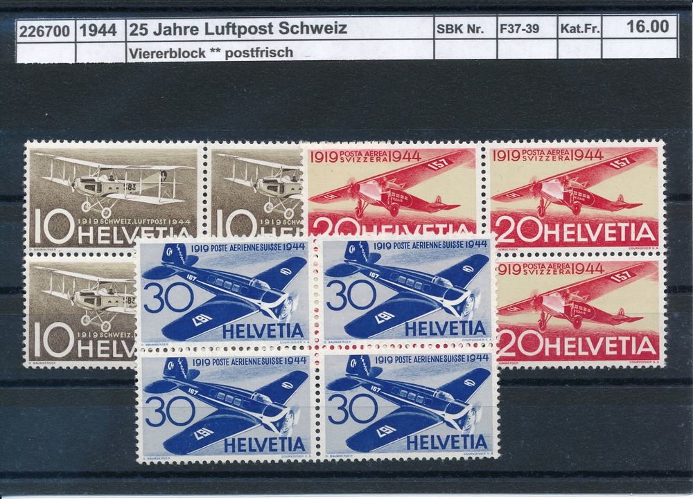 1944 "25 Jahre Luftpost Schweiz" - Viererblock (Neu (gemäss Beschreibung)) in Winterthur für CHF ...