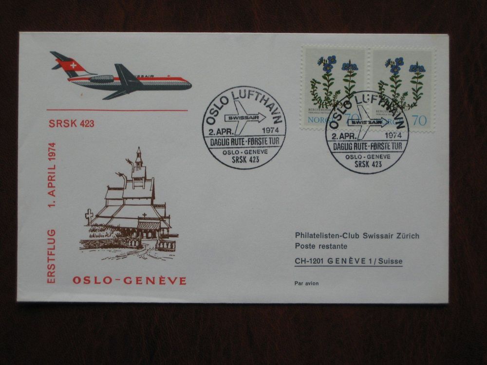 Erstflug OSLO - Genève am 1. April 1974 (Neu (gemäss Beschreibung)) in Wangs für CHF 2 – mit ...