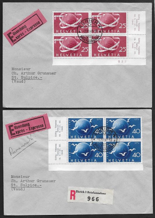 1949 zwei R/Ex. Briefe Zürich UPU 4erBl. portogerecht ab 1.- (Gebraucht) in Zürich für CHF 3 ...