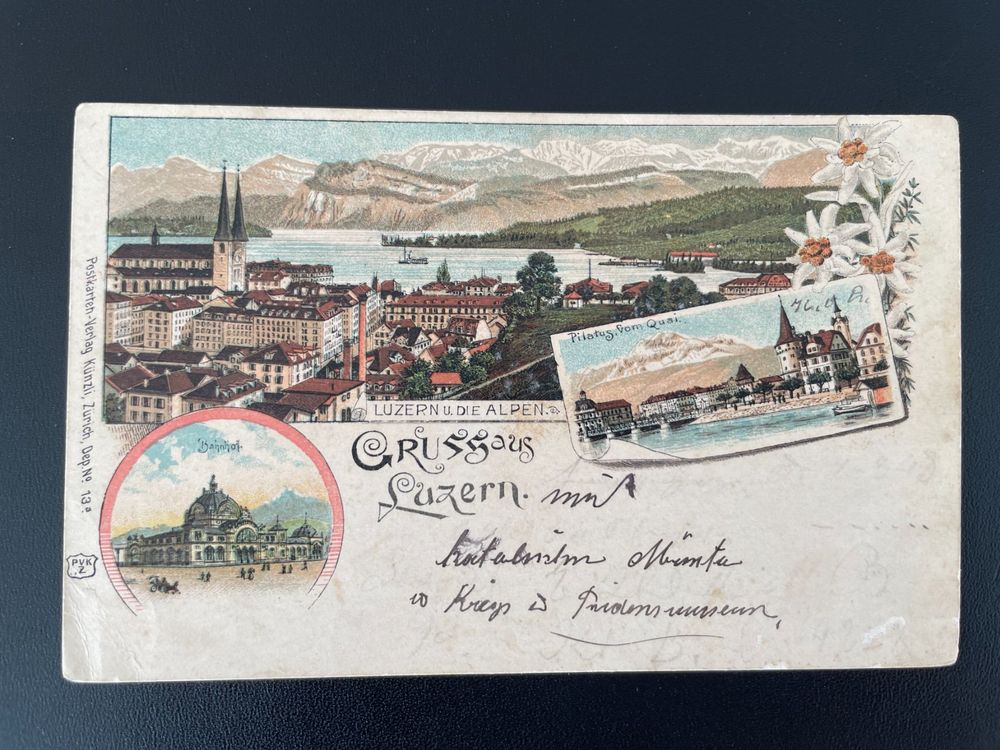AK LU Litho "Gruss aus Luzern" Quai, Bahnhof, Alpen (Gebraucht) in Thal für CHF 2 – mit ...