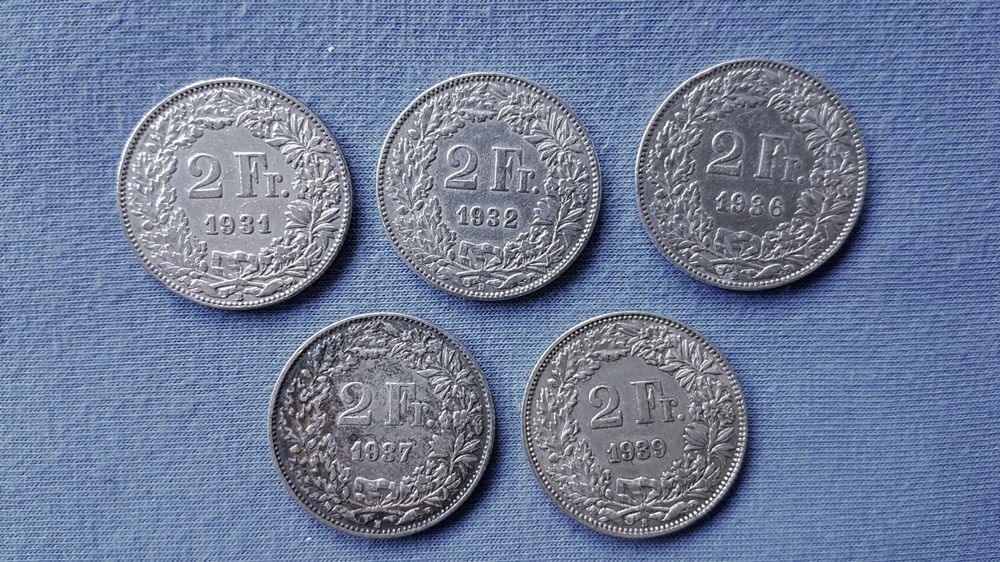 5 x 2 Fr Silbermünzen 30er J. 1931-1939 kompl. Serie ab 1.00 (Gebraucht) in Camignolo für CHF 30 ...