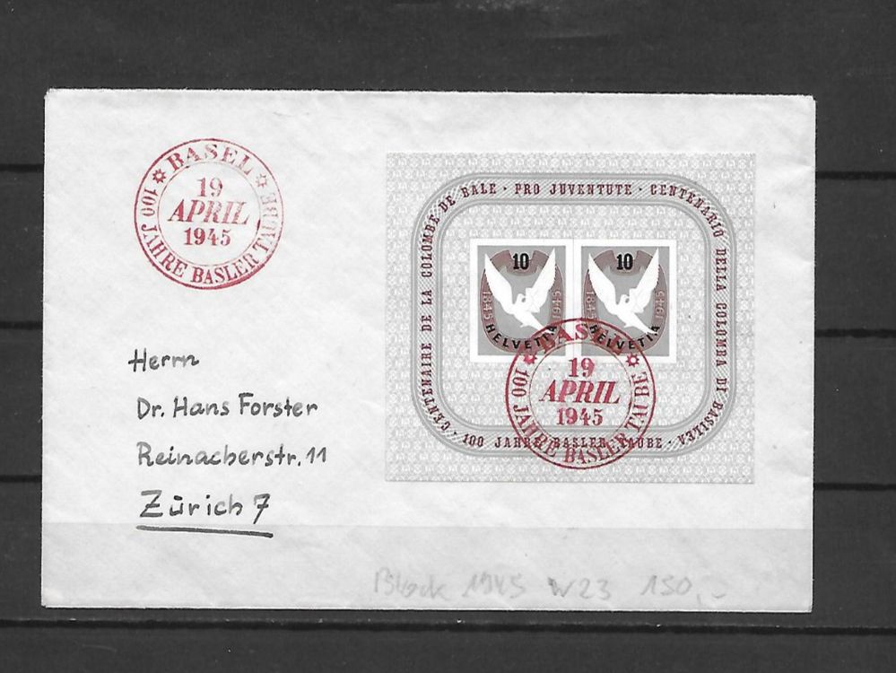 Block 1945 auf Brief Kat: CHF 150.- (Gebraucht) in Basel für CHF 5 – mit Lieferung auf Ricardo ...