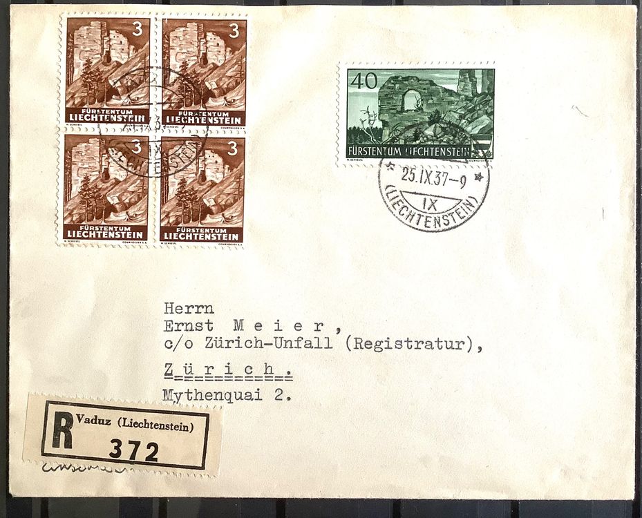 1937 Liechtenstein R- Brief / Vaduz nach Zürich (Gebraucht) in Liestal für CHF 3 – mit Lieferung ...