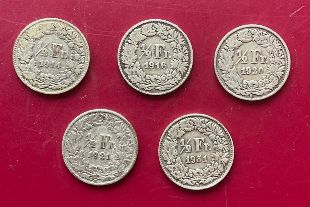 5 Silbermünzen 1/2 Fr. Jahrgänge 1914,1916, 1920, 1921,1931 | Kaufen auf Ricardo