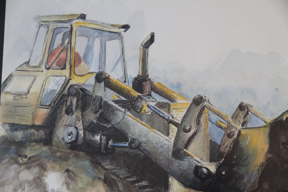 Aquarell, Original, gerahmt, Baustellenszene | Kaufen auf Ricardo