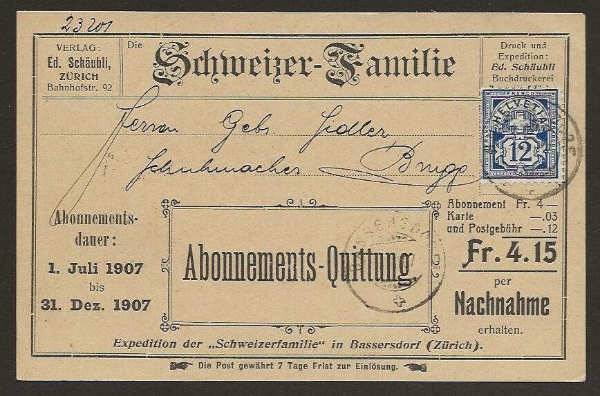 1907 12 Rp Ziffer Abonnemens-Quittung n Brugg (Gebraucht) in Arlesheim ...
