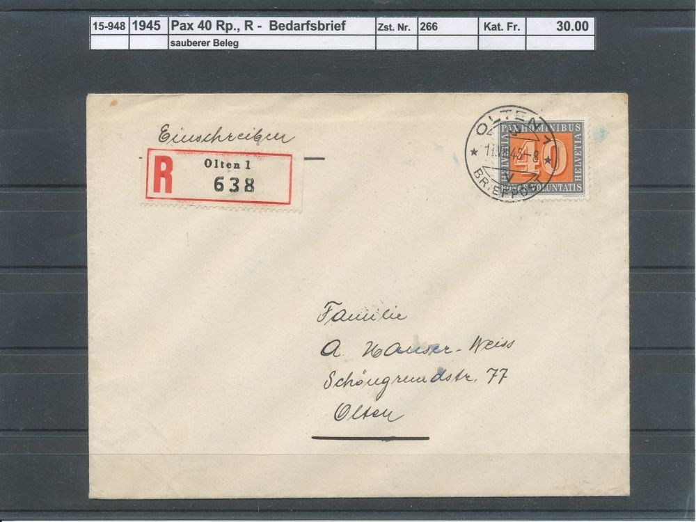 1945 Pax 40 Rp., R - Bedarfsbrief, "Olten - Olten" | Kaufen auf Ricardo