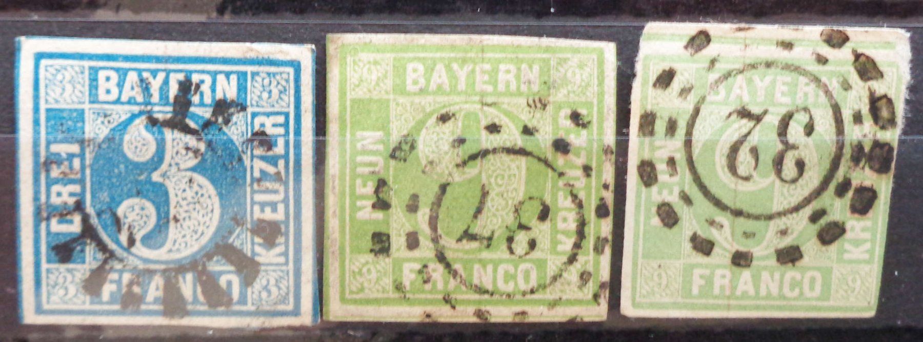 BAYERN 1850/58: 3 und zwei 9 Kreuzer gestempelt, O (Gebraucht) in ...