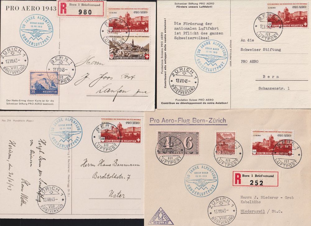 4 Briefe/Karten: Pro Aero 1943 / Bern - Zürich (Gebraucht) in Dällikon für CHF 15 – mit ...