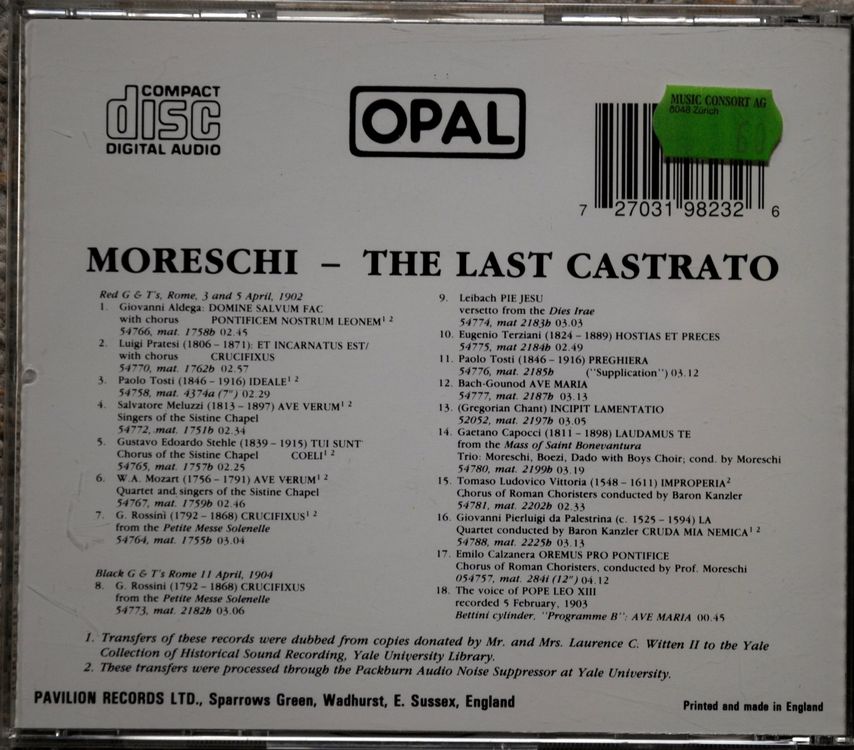 Alessandro Moreschi – The Last Castrato Complete Vatican Rec (Gebraucht ...