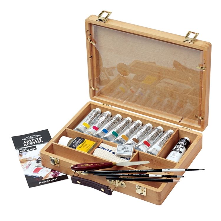 Acryl-Künstlerfarben W&N, Set in Bambus-Koffer (Neu (gemäss Beschreibung)) in Rotkreuz für CHF ...