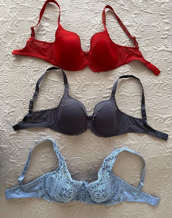 Triumph BH 3 BH-Set Gr. 75E Unterwäsche BH Blau Rot Grau BHs (Gebraucht ...