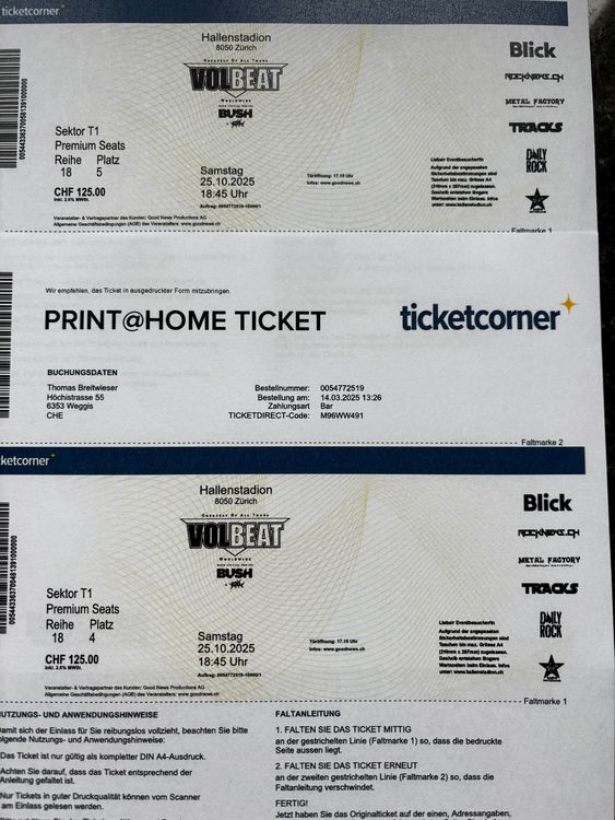 Volbeat / Bush Hallenstadion 25.10.25 (Neu (gemäss Beschreibung)) in ...