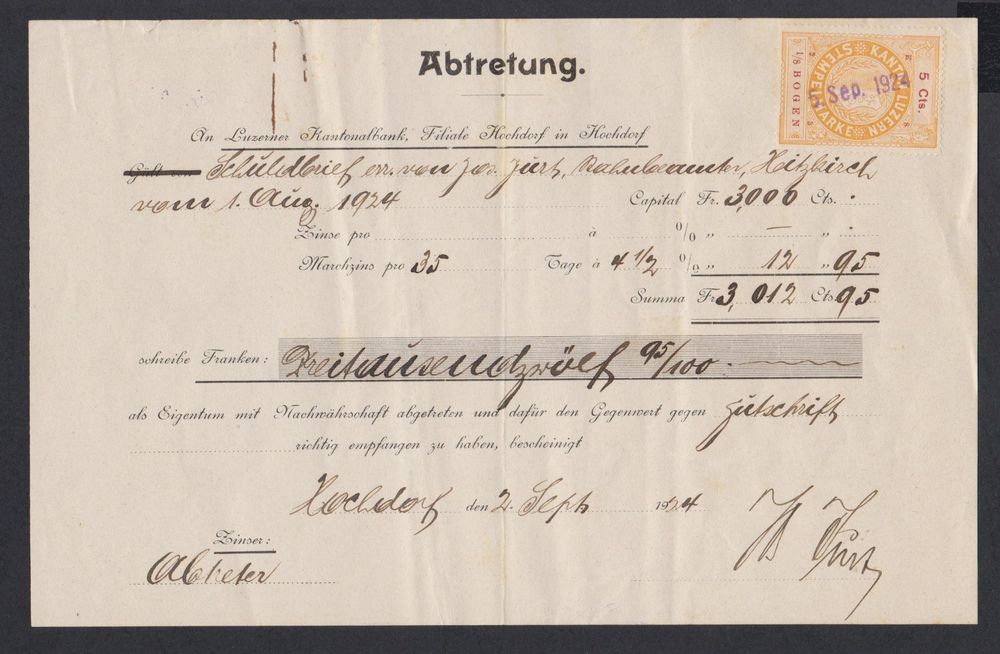 Stempelmarke Kt. Luzern auf Abtretungserklärung 1924 (Gebraucht) in ...