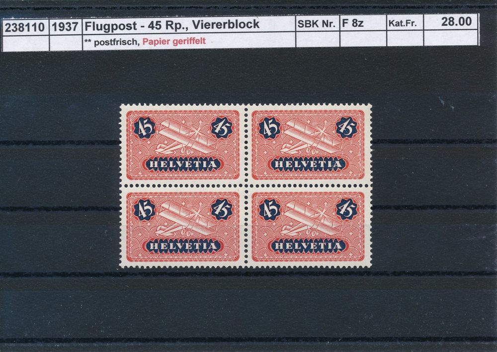 1937 Flugpost - 45 Rp. - Viererblock, Papier geriffelt (Neu (gemäss Beschreibung)) in Winterthur ...
