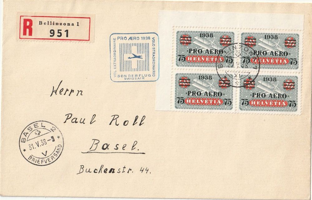 Pro Aero 1938, Eckrandviererblock von Bellinzona nach Basel | Kaufen auf Ricardo