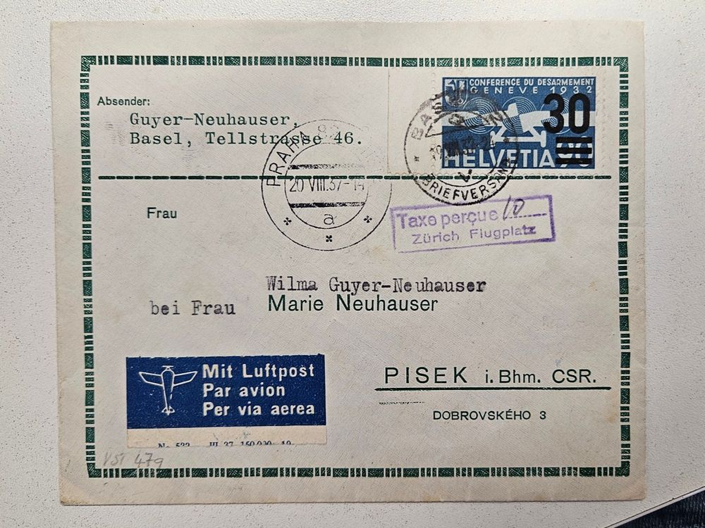 Flugpost 1937 mit Tax Percue nach CSSR ab 5.-- | Kaufen auf Ricardo