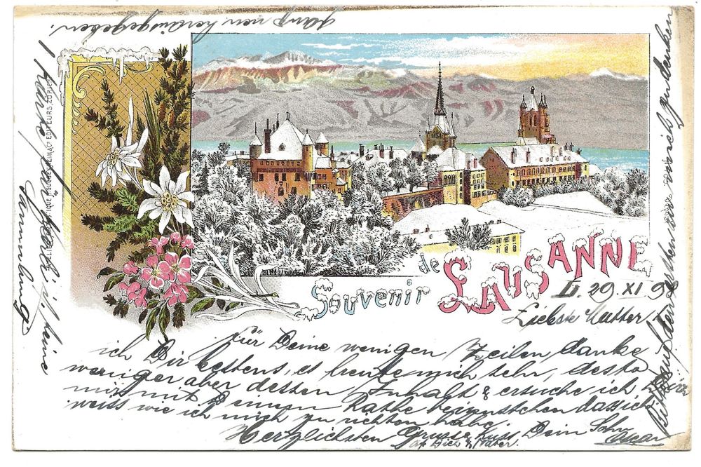 Souvenir de Lausanne (VD) Winter-Litho mit Glimmer - 1898 ! (Gebraucht ...