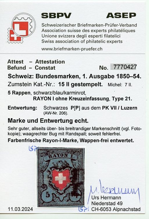 Zst 15 II Rayon I dunkelblau Type 21 - Attest Urs Hermann (Gebraucht ...