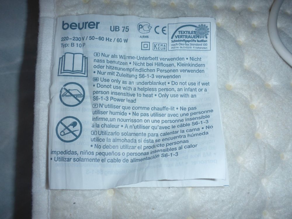 Wärme-Unterbett BEURER UB 75/150x80cm (Neu (gemäss Beschreibung)) in Basel für CHF 30 – mit ...