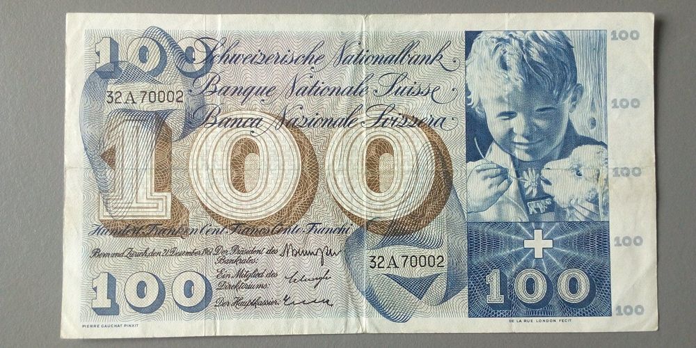 alte BANKNOTE 100 FRANKEN vom 21.12.1961 (Gebraucht) in für CHF 26 ...