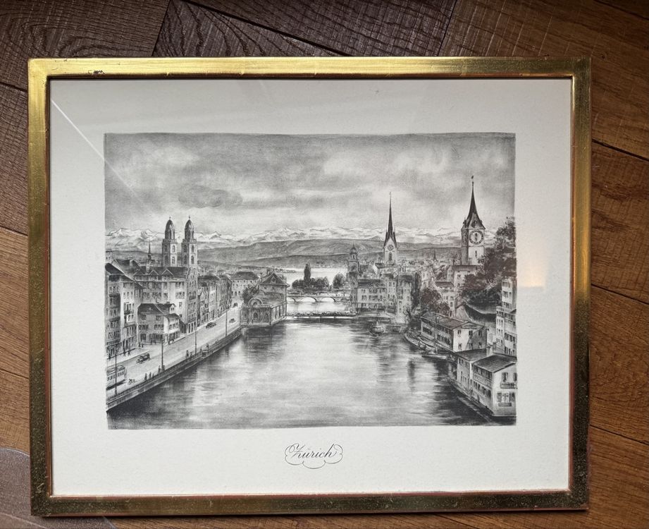 Gemälde Zürich, gerahmt, Bleistiftzeichnung, Limmat (Gebraucht) in Zürich für CHF 50 – mit ...