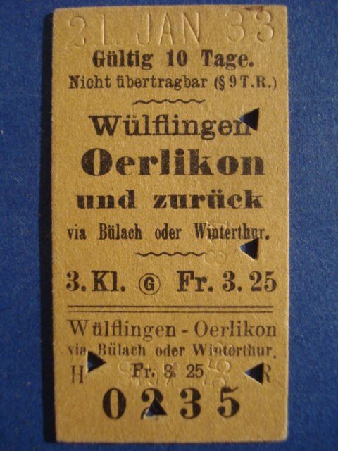 SBB - 21.1.1933 - WÜLFLINGEN - OERLIKON - 3.Klasse (Gebraucht) in Biel/Bienne für CHF 22 – mit ...
