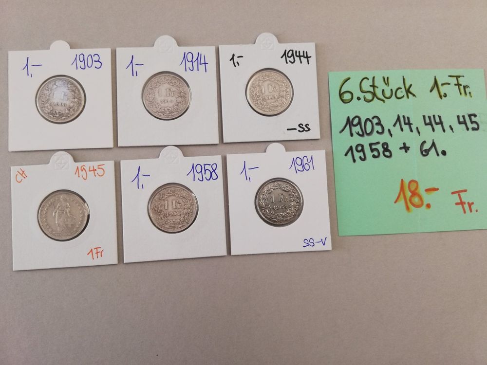Schweizer Silbermünzen 6 Stk. 1 Fr. 1903/14/44/45/58+61 (Gebraucht) in Engi für CHF 18 – mit ...