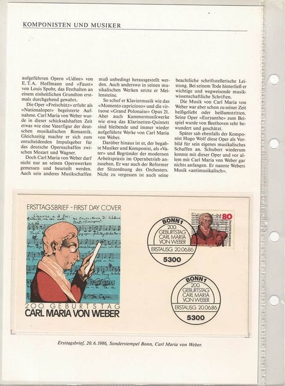 200. Geburtstag Carl Maria von Weber Komponist 1986 BRD FDC (Gebraucht ...