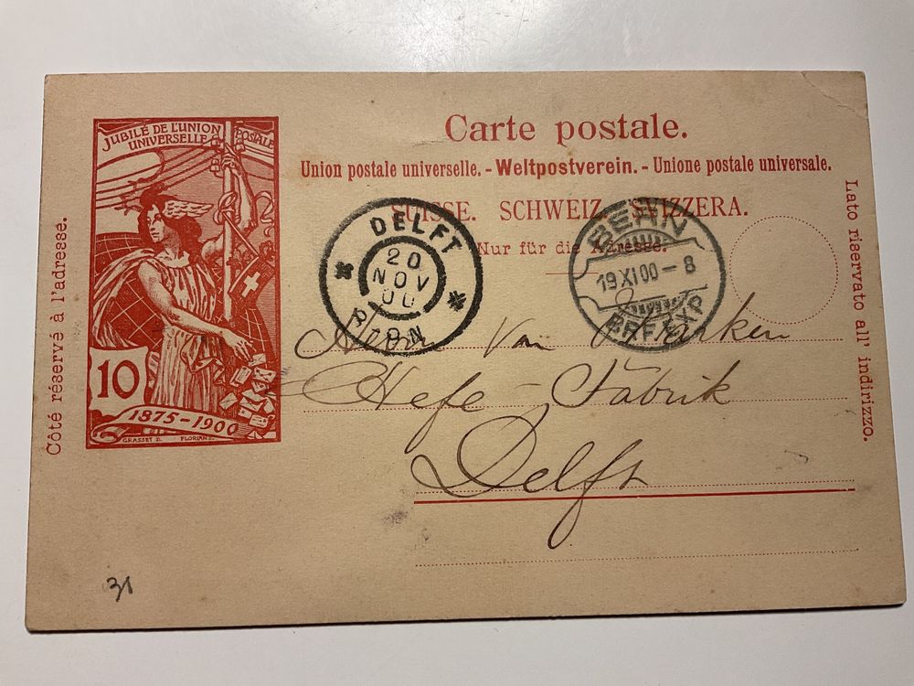 UPU 1900 10 Rp Ganzsache Rasierklingen@ Bern nach Delft NL (Gebraucht) in Laupen BE für CHF 2 ...