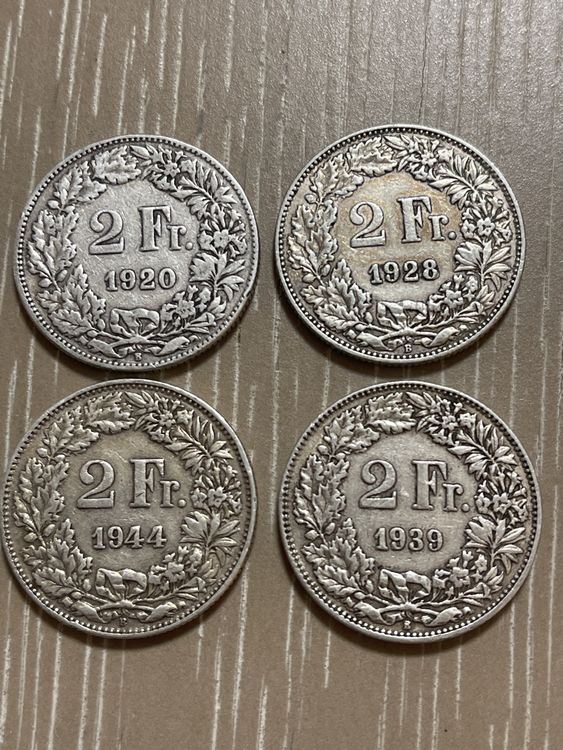 4 Silbermünzen 2 Fr. 1920/28/39/44 Schweiz (Gebraucht) in Untersiggenthal für CHF 28 – mit ...